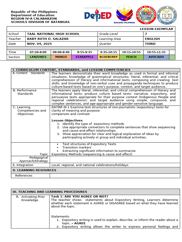 Grade 7 Expository Writing Lesson Plan | PDF | Reading Comprehension ...