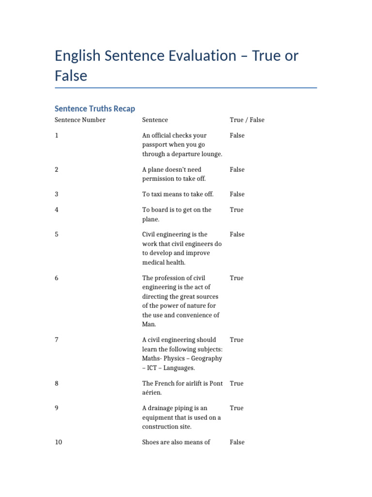 True or False Sentence Evaluation Guide | PDF