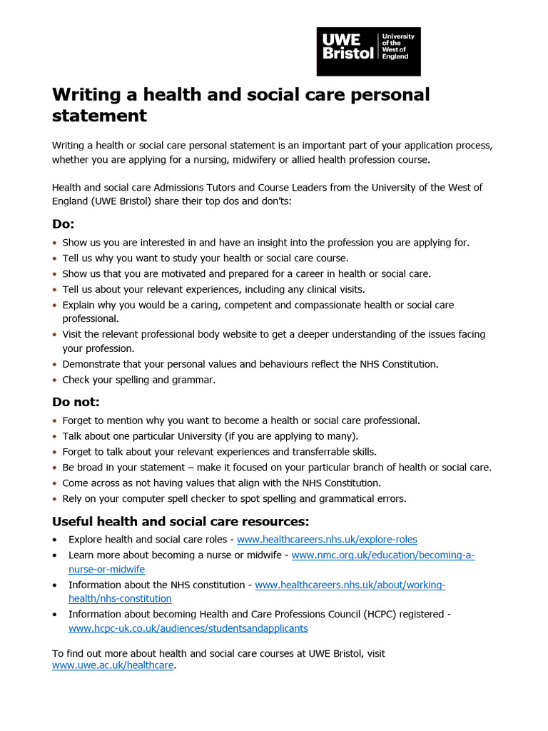 Health & Social Care Personal Statement Tips | PDF
