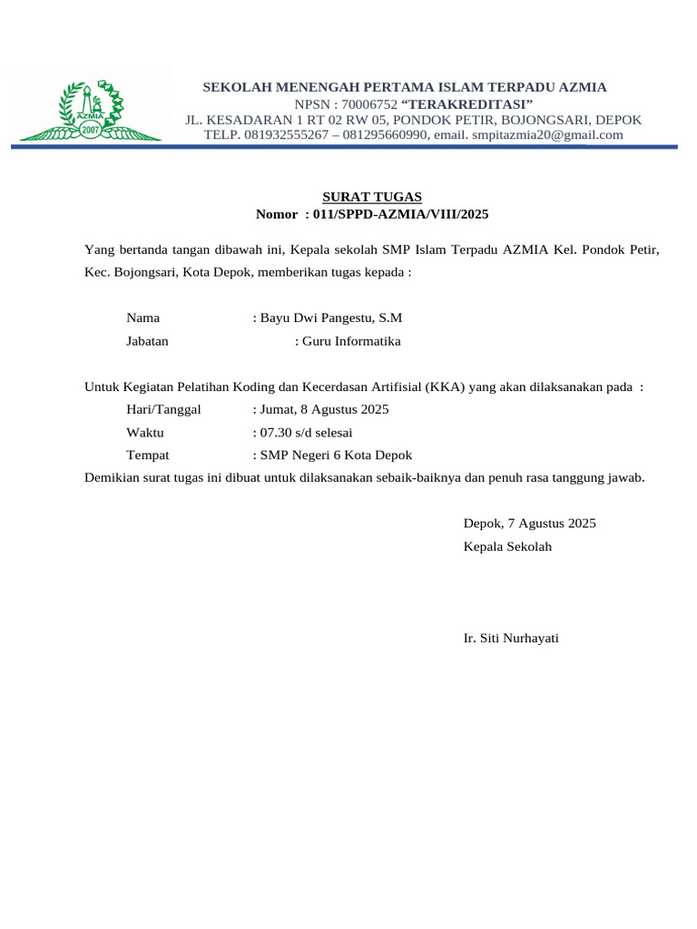 Surat Tugas Pelatihan Koding SMPIT Azmia | PDF