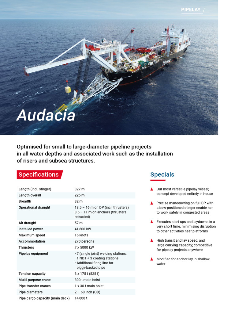 Audacia Vessel Specs | PDF | Pipe (Fluid Conveyance) | Water Transport