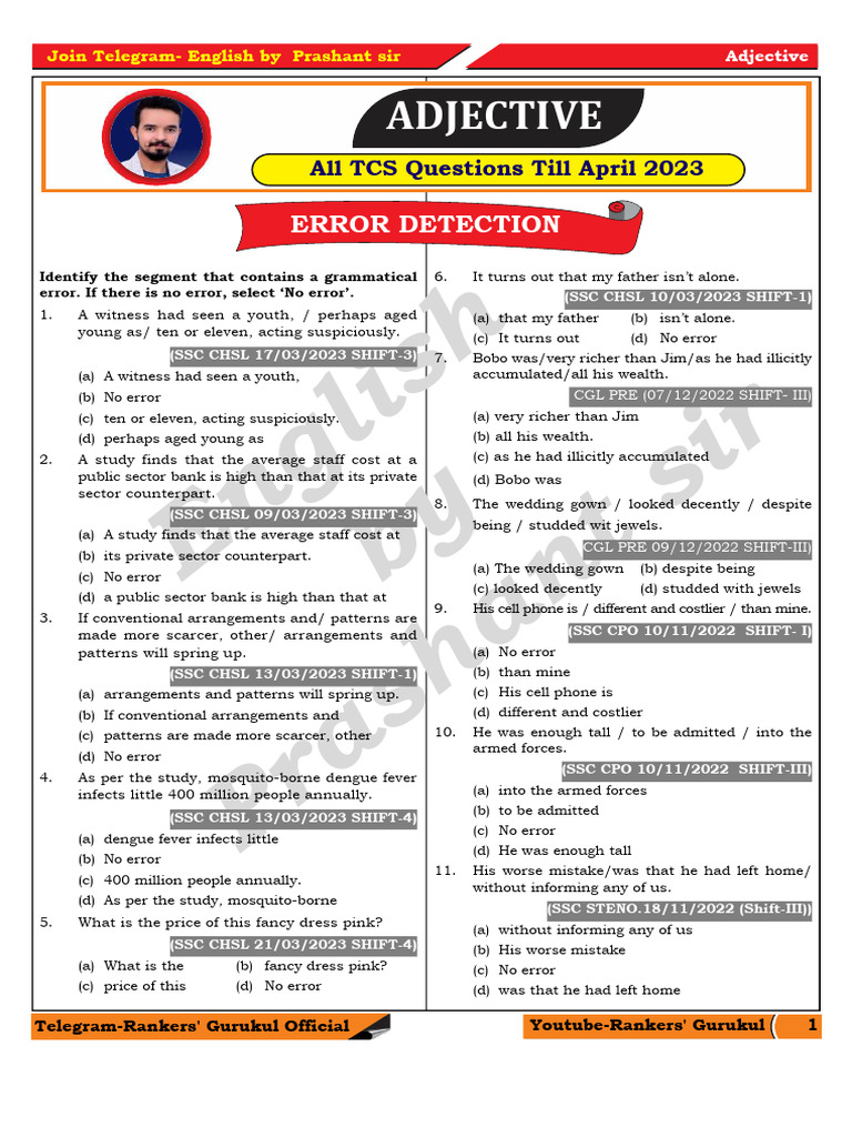 Adjective (Chapter Test) Pyq | PDF | Adverb | Adjective