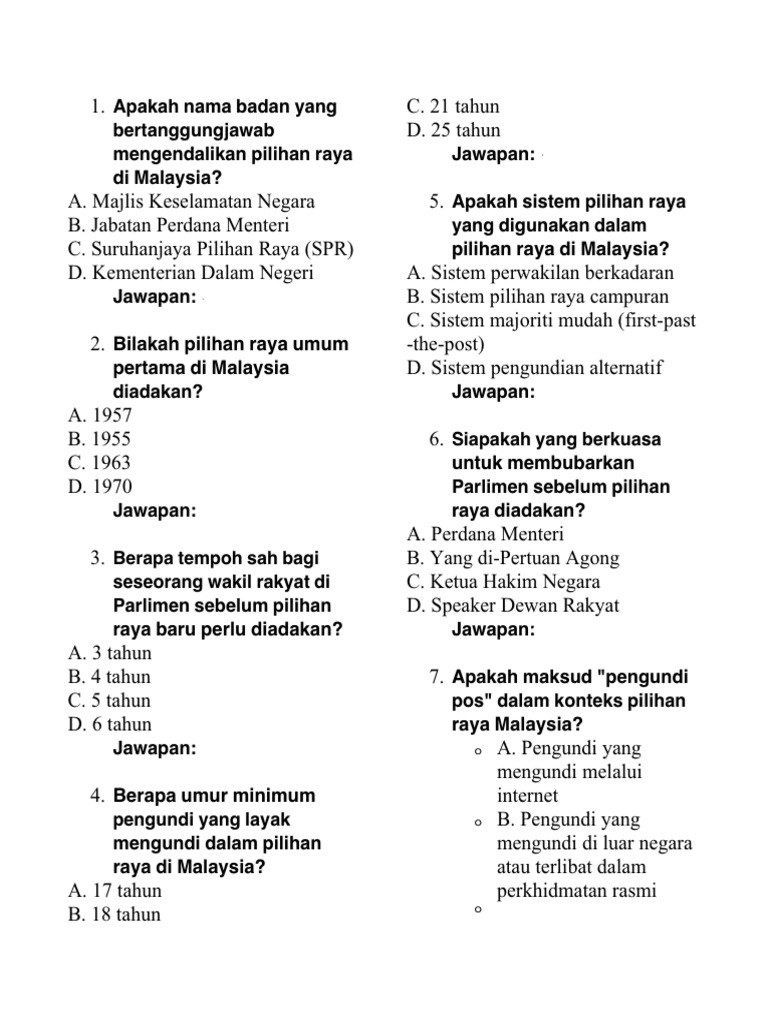 Soalan Kuiz Demokrasi Dan Pilihan Raya Soalan Dan Skema 2 | PDF