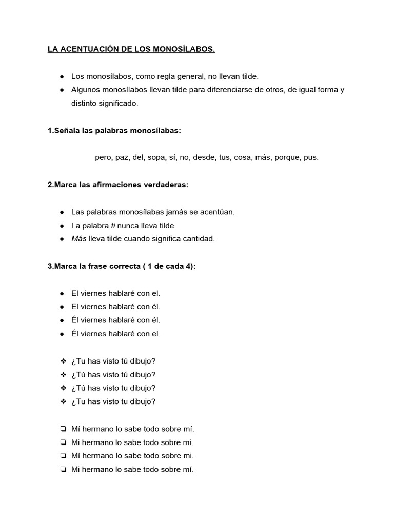 Acentuación Monosílabos ORTOGRAFIA Y LÉXICO | PDF