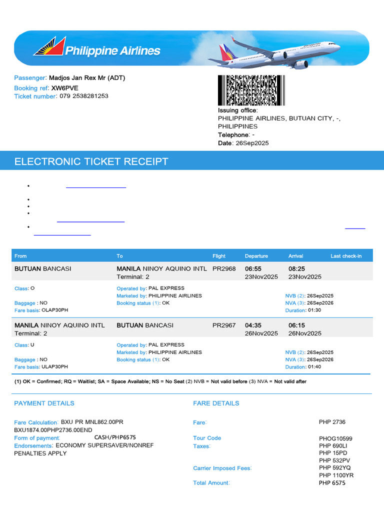 Philippine Airlines Electronic Ticket Receipt | PDF