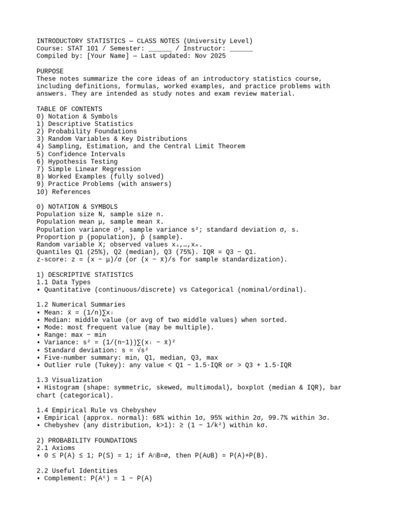 Introductory Statistics Class Notes | PDF | Statistics | Errors And ...