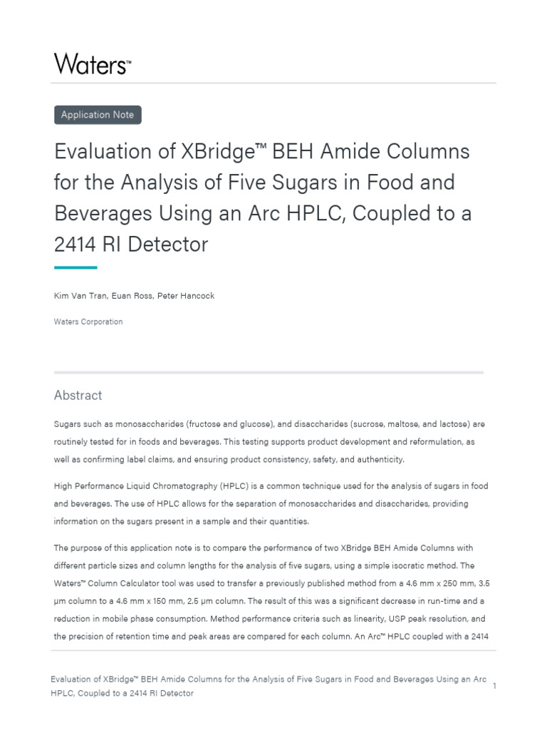 XBridge BEH Amide For Analysis of Sugars by HPLC 2414 RI Detector | PDF ...