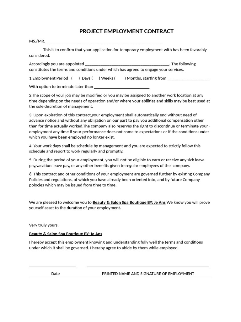 Temporary Employment Contract Template | PDF