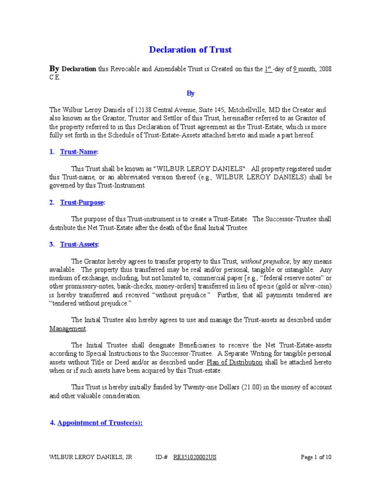 Wilbur Leroy Daniels Trust Declaration | PDF | Trust Law | Trustee