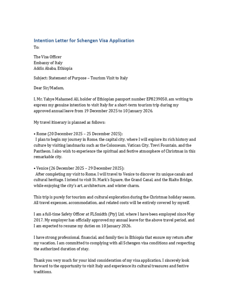 Intention Letter Yahye Mahamed Ali Italy Visa | PDF
