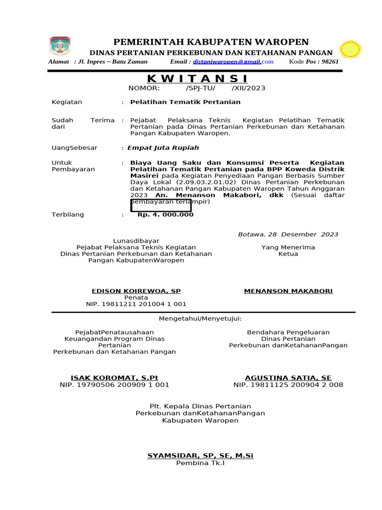 Kwitansi Pelatihan Pertanian Waropen | PDF
