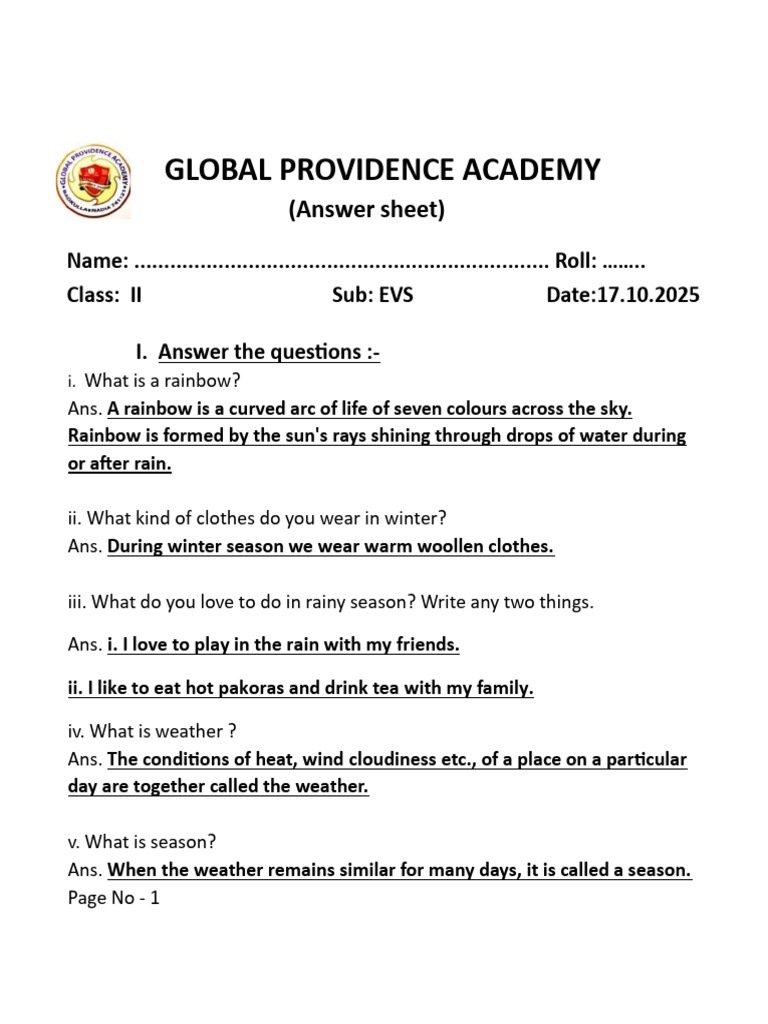 EVS Class II Answer Sheet Guide | PDF
