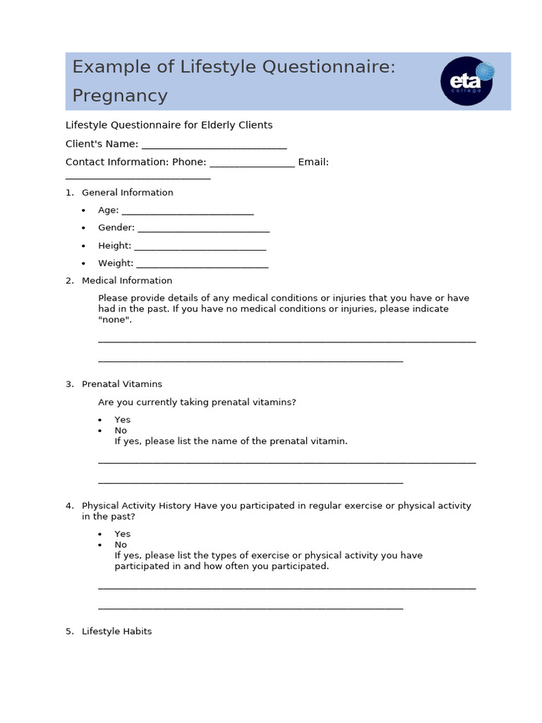 Lifestyle Questionnaire Pregnancy | PDF | Pregnancy | Health Care