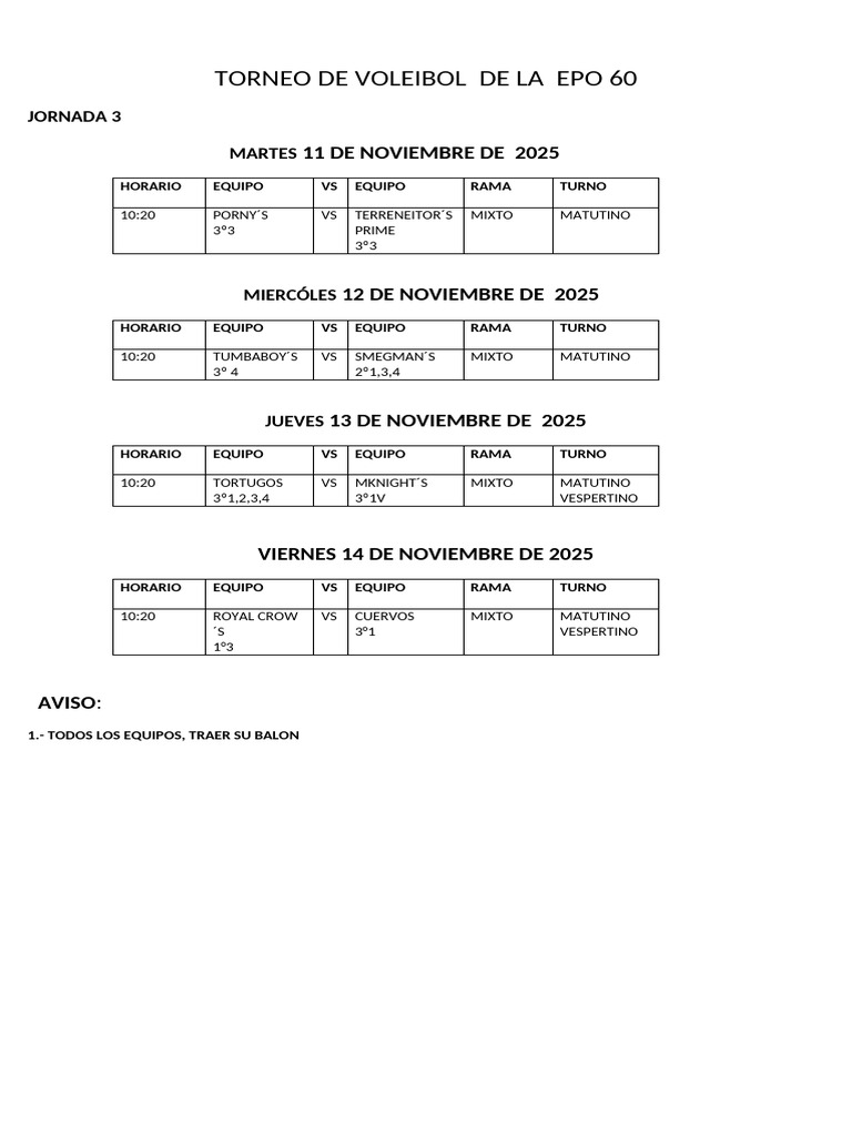 Jornada 3 de Voleibol y Futbol 2025 1er Semestre | PDF