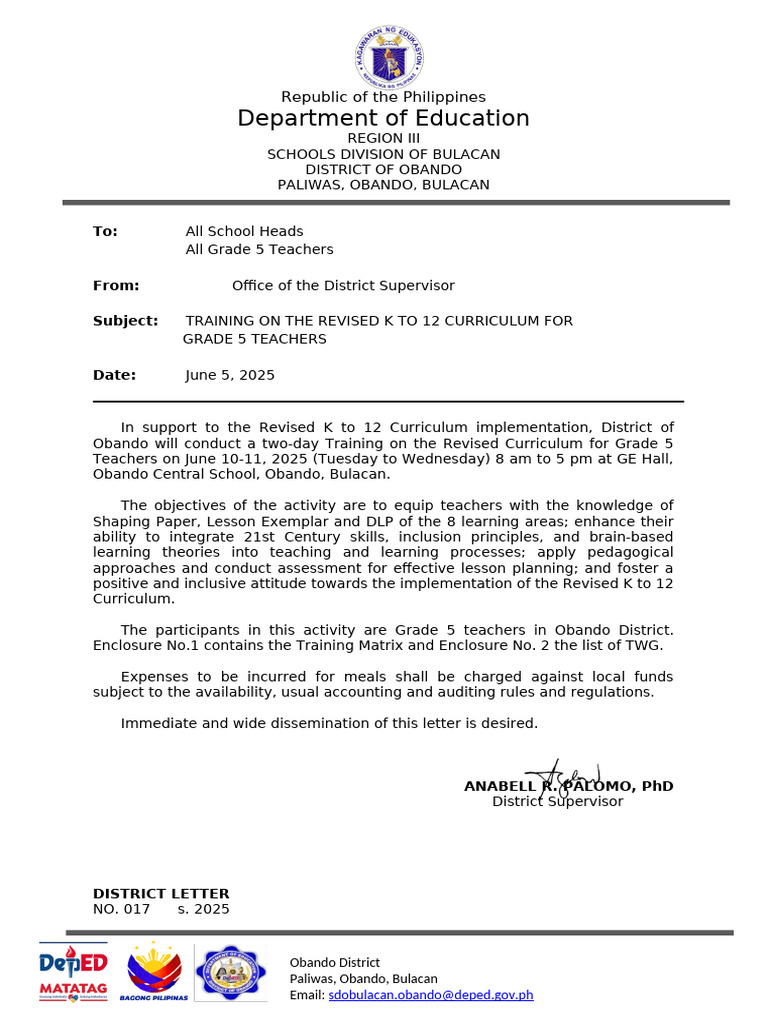 District Letter No.17 Revised K To 12 Curriculum Grades 235-2-1 | PDF ...