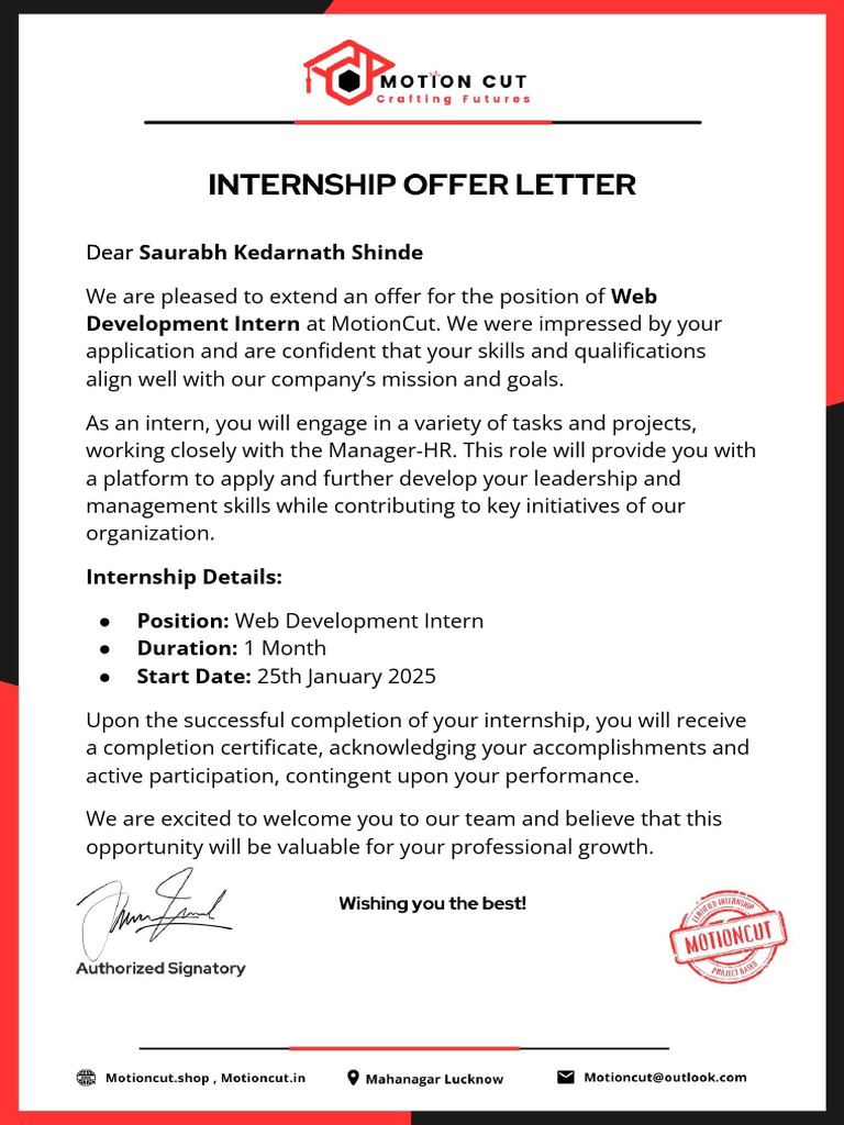 Web Development Intern Offer at MotionCut | PDF