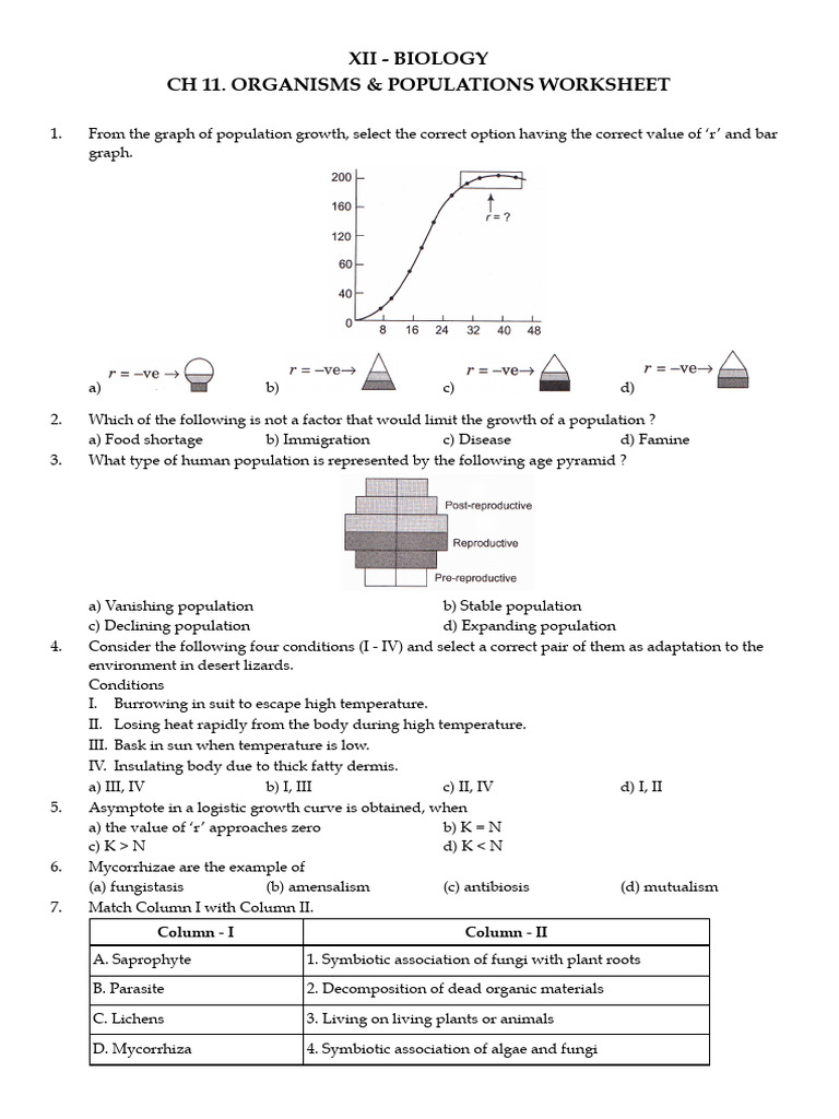 XII - BIOLOGY - Organisms & Populations Worksheet | PDF