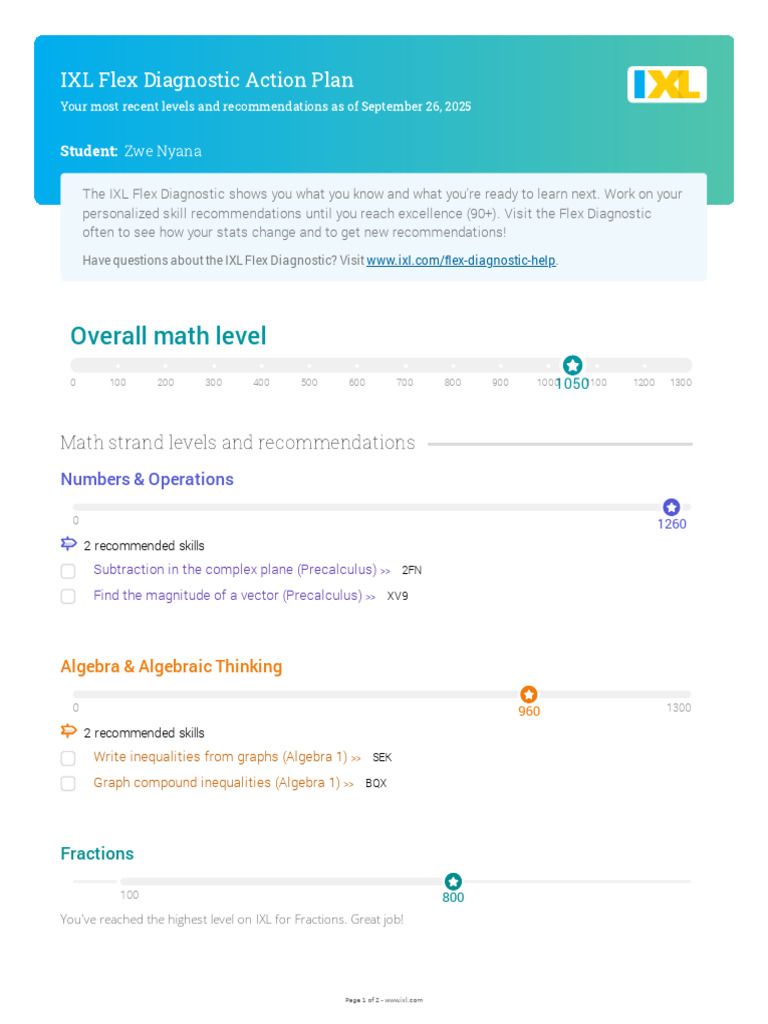 IXL Diagnostic Report - 2025 09 26 - Nyana Zwe | PDF
