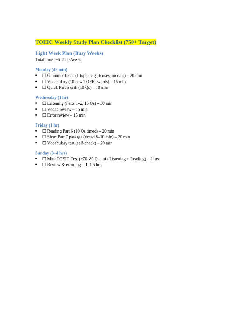 TOEIC Weekly Study Plan Checklist | PDF
