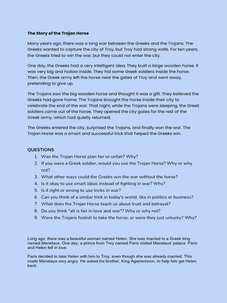 The Story of The Trojan Horse | PDF | Helen Of Troy | Paris (Mythology)