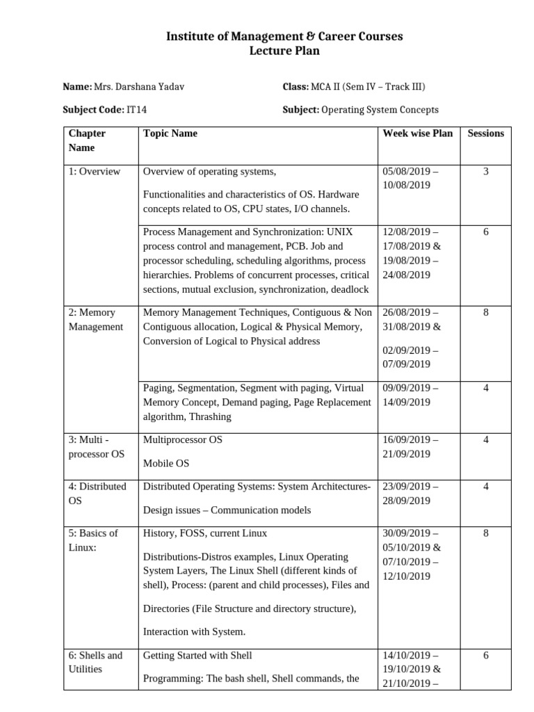 Lecture Plan - EOS (A.y. 2019-20) | PDF | Operating System | Process ...