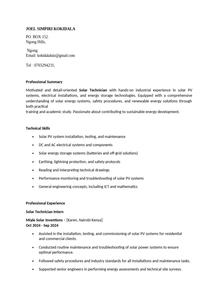 Solar Technician CV Template | PDF | Photovoltaic System | Off The Grid