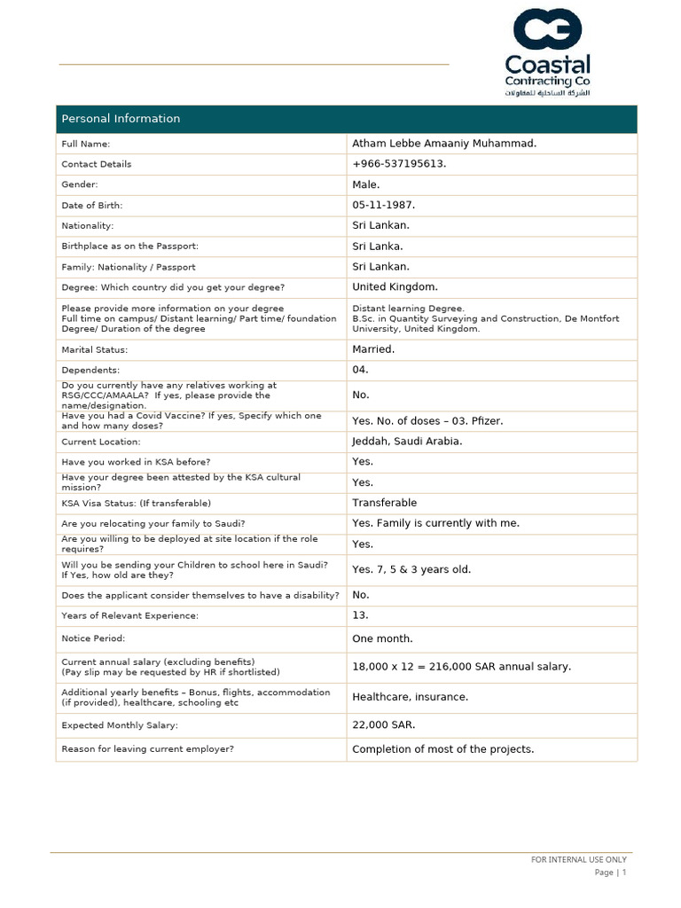 CCC HR FRM 0030 - Pre Screening Form 3 (Completed) | PDF | Saudi Arabia