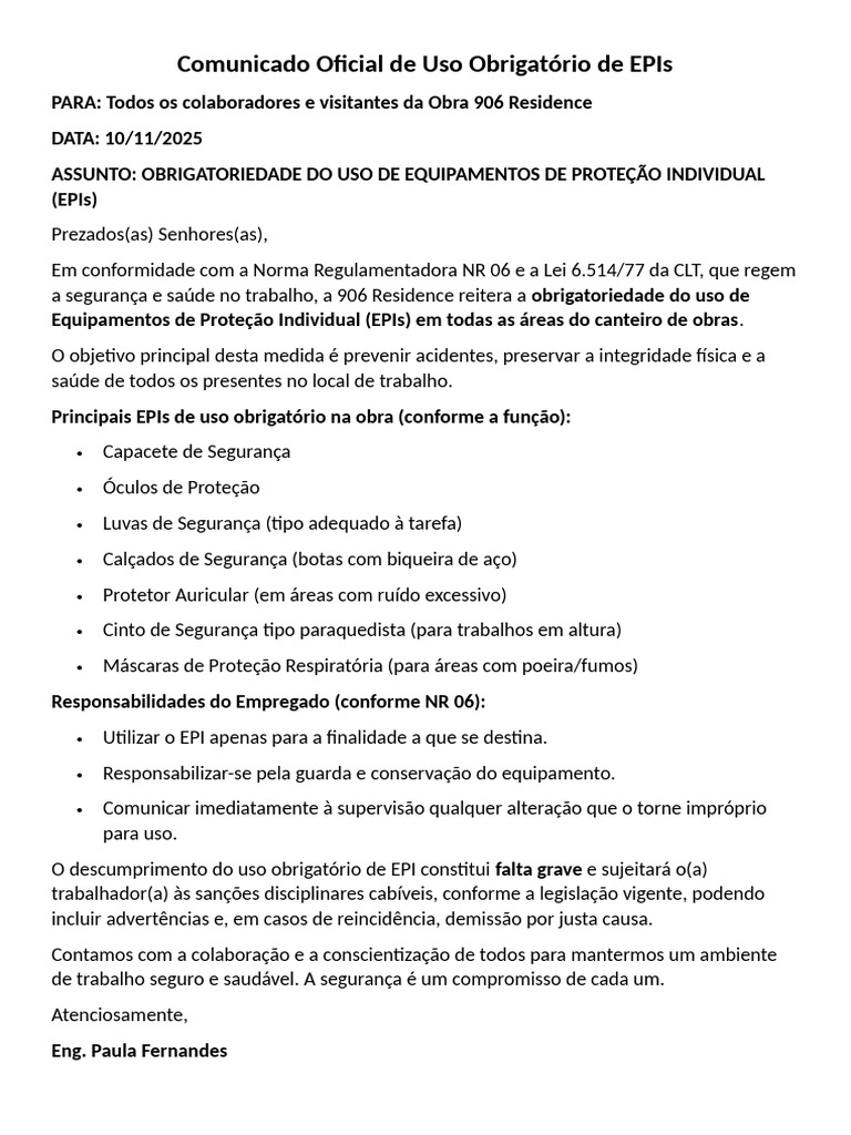 Comunicado Oficial de Uso Obrigatório de EPIs | PDF