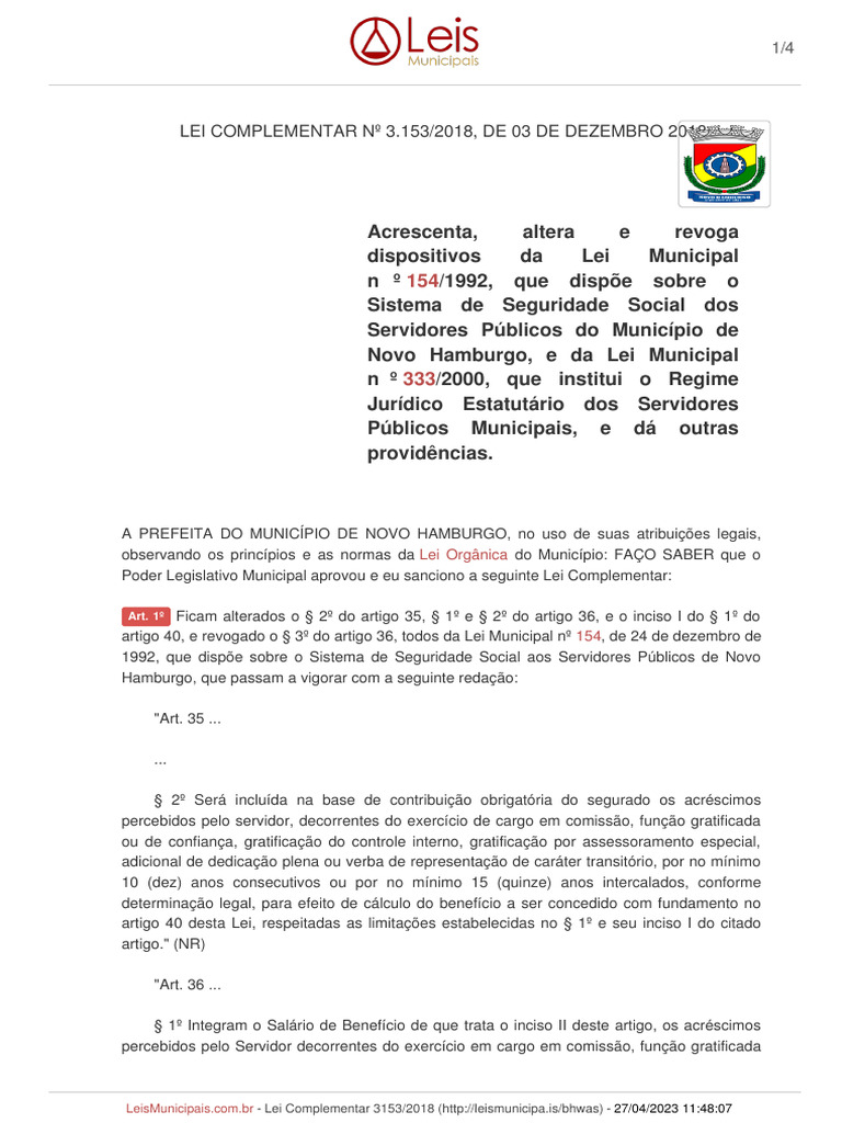 Lei Complementar 3153 de 2018 CIDADE de Novo Hamburgo RS Consolidada [04!03!2020] | PDF