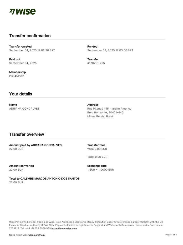 Wise Transfer Confirmation Transfer 1707101255 6232500383 PT | PDF ...