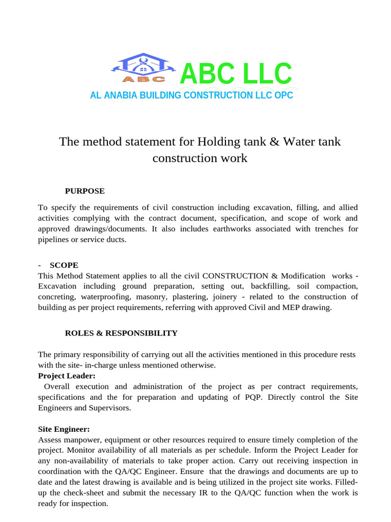 Method Statement for Tank Construction | PDF | Concrete | Plaster