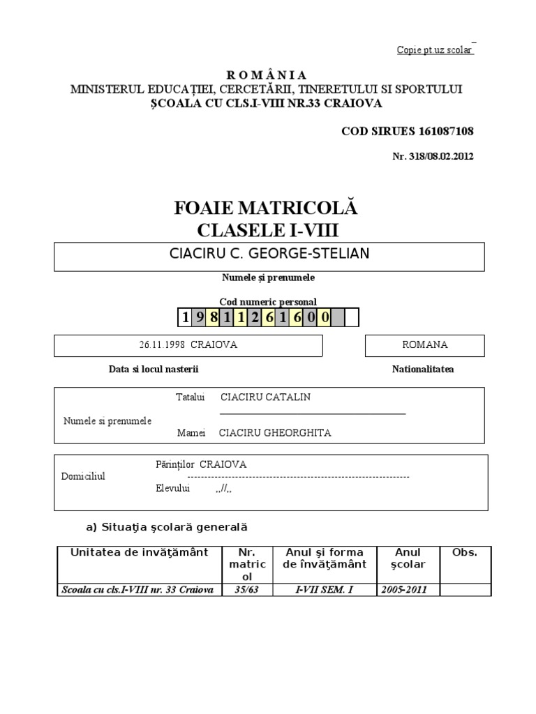 Foaie Matricola | PDF