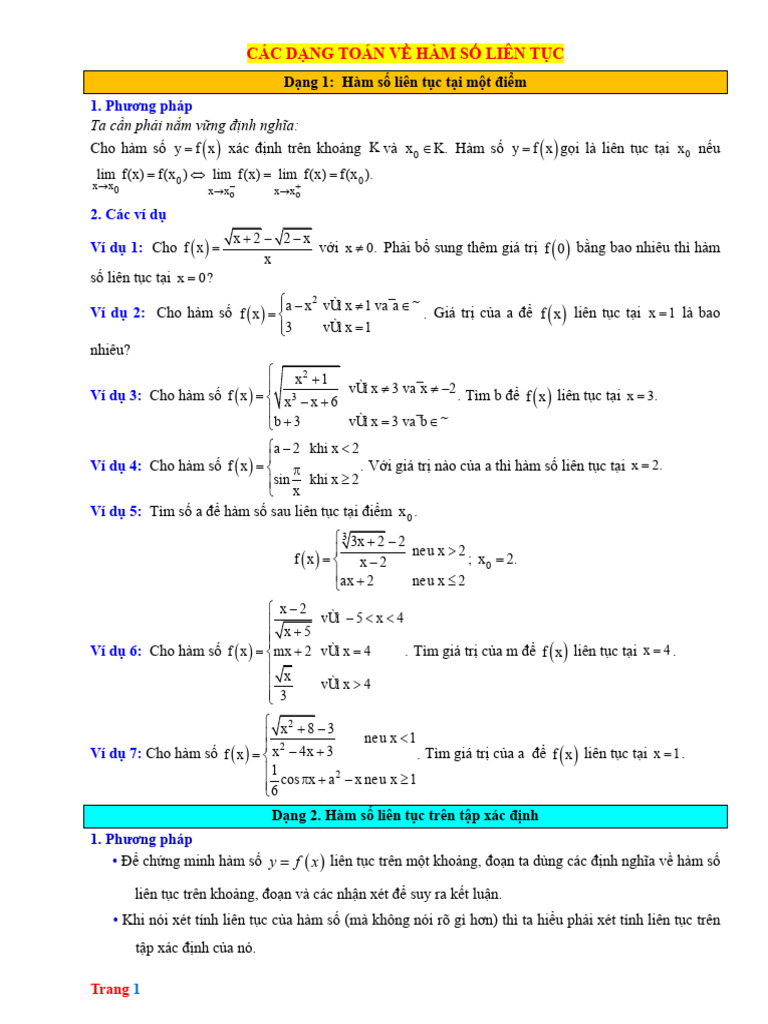 Cac Dang Bai Tap Ve Ham So Lien Tuc 9402 | PDF
