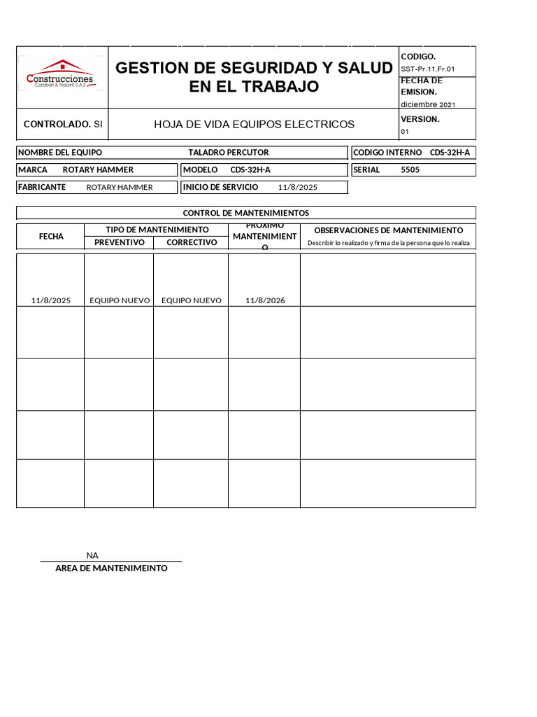 SST-Pr.11-Fr.01 Hoja de Vida Equipos y Herramientas | PDF