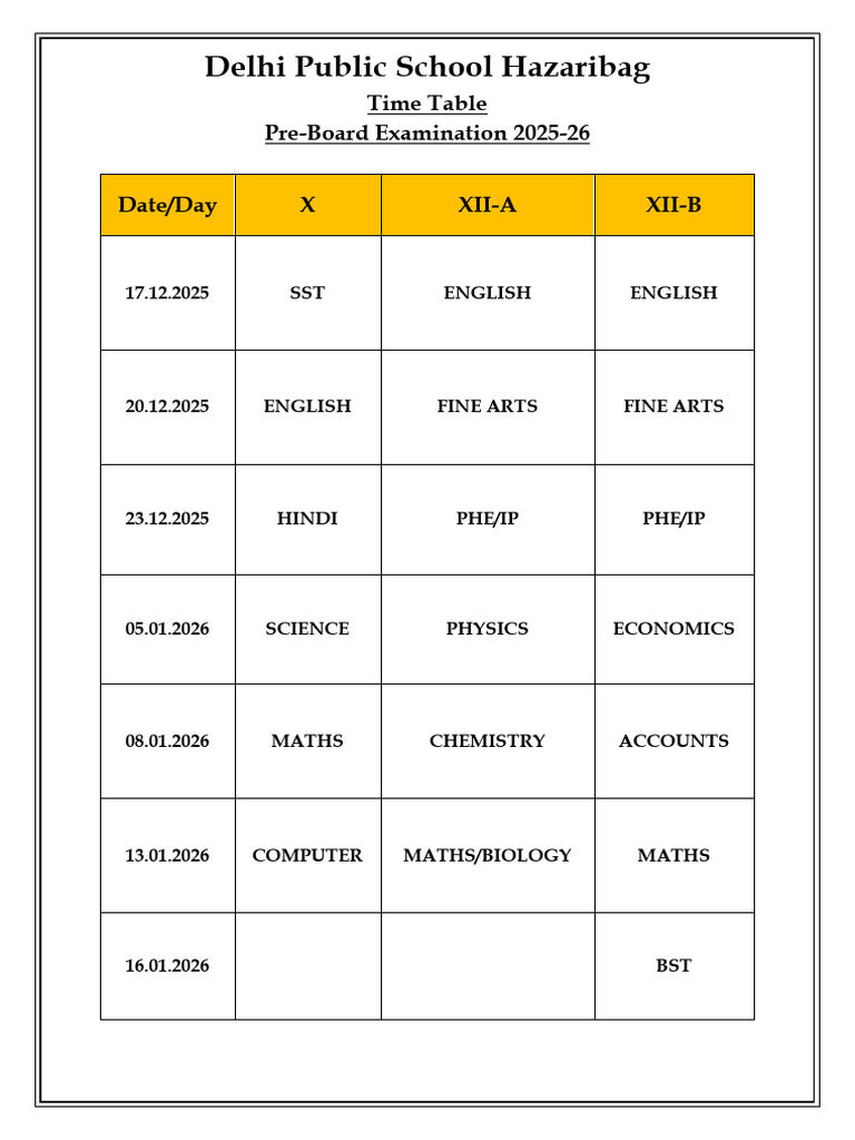 Time Table For Pre-Boards (X & Xii) - 2025-26 Dps | PDF