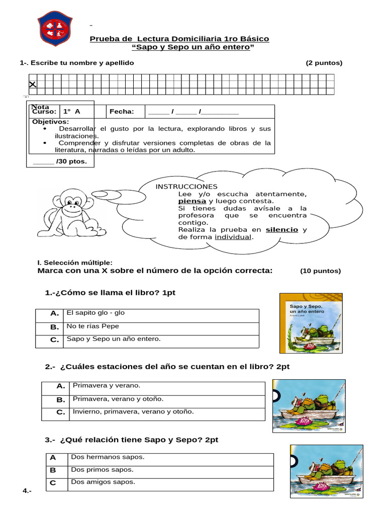 Prueba de Lectura: Sapo y Sepo | PDF