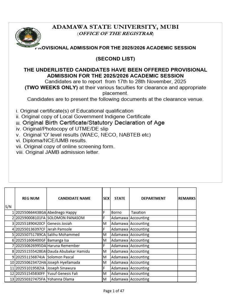 Adamawa State University Admission List 2025 | PDF | Nigeria