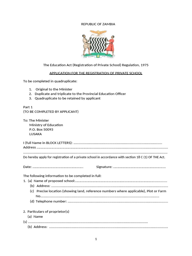 Zambia Private School Registration Form | PDF