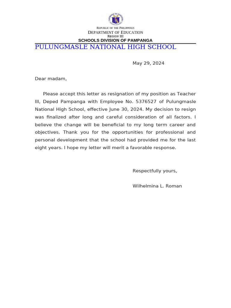 Resignation Letter Deped | PDF