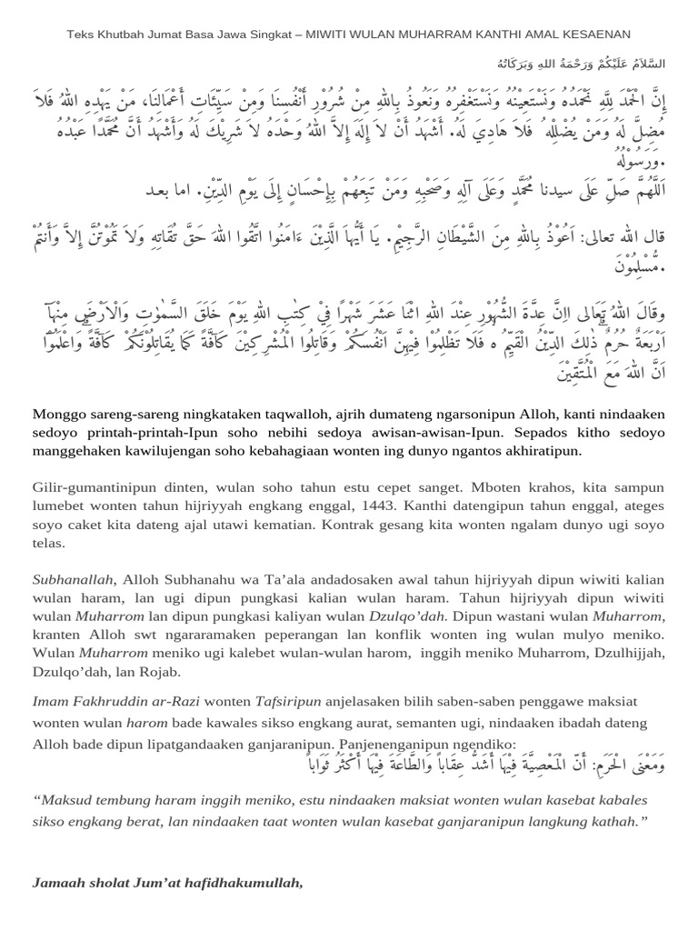 Teks Khutbah Jumat Basa Jawa Singkat – Miwiti Wulan Muharram Kanthi ...