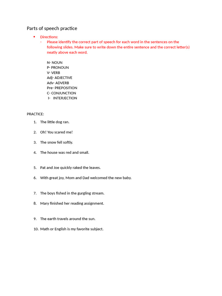 Parts of Speech Identification Practice | PDF