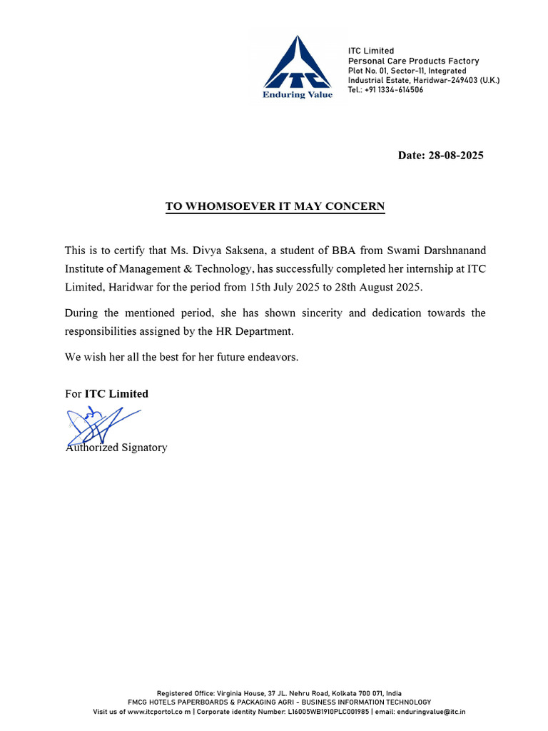 Date: 28-08-2025: ITC Limited Personal Care Products Factory | PDF