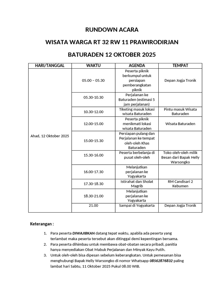 Rundown Wisata RT 32 Baturaden 2025 | PDF