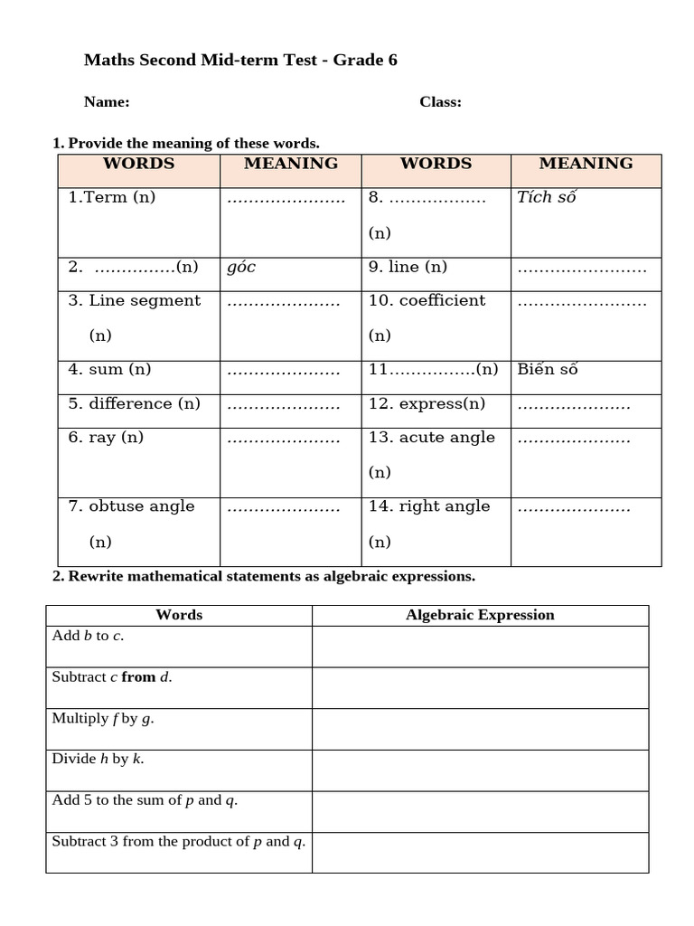 Grade 6 Maths Mid-term Test Guide | PDF