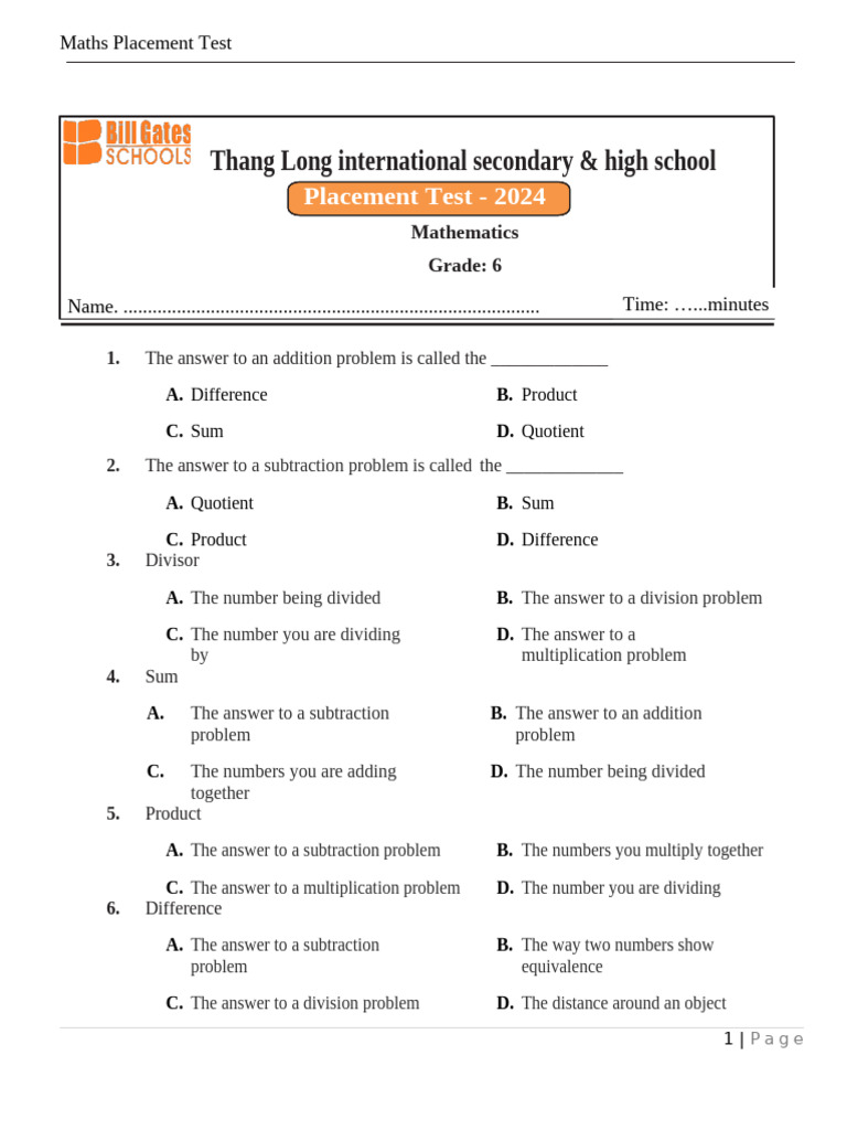 Maths Placement Test G6 | PDF | Elementary Mathematics | Number Theory