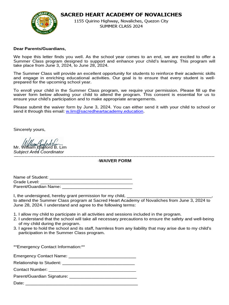 WAIVER FORM Summer Class | PDF