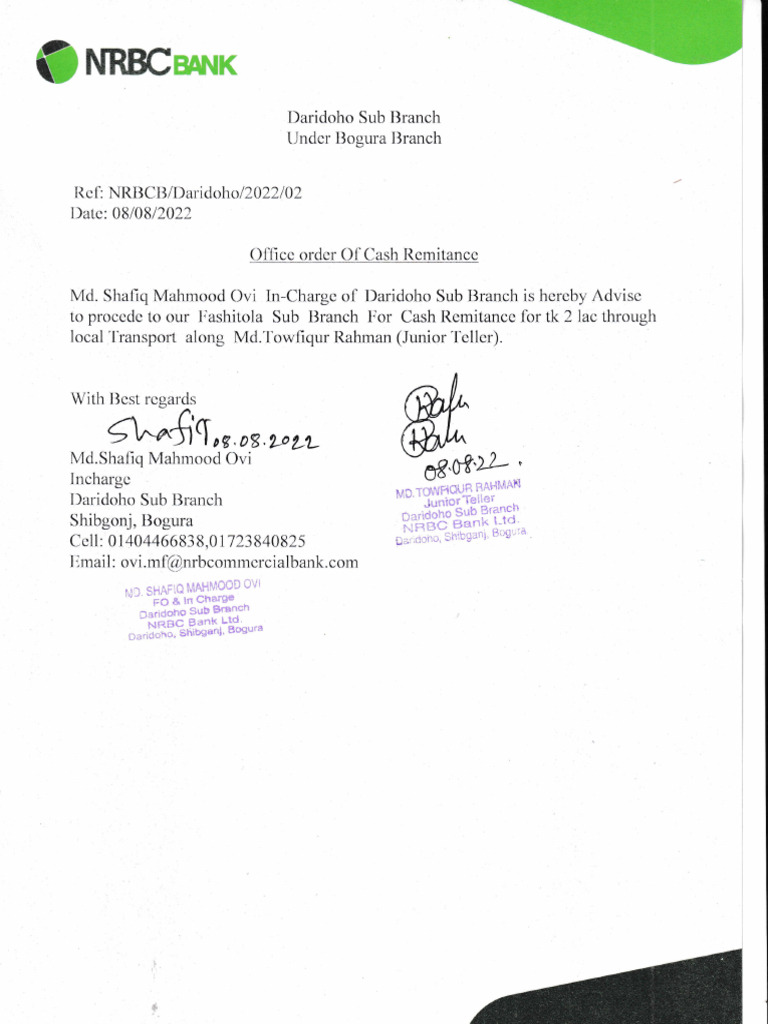 Cash Remittance Instructions for Daridoho Branch | PDF