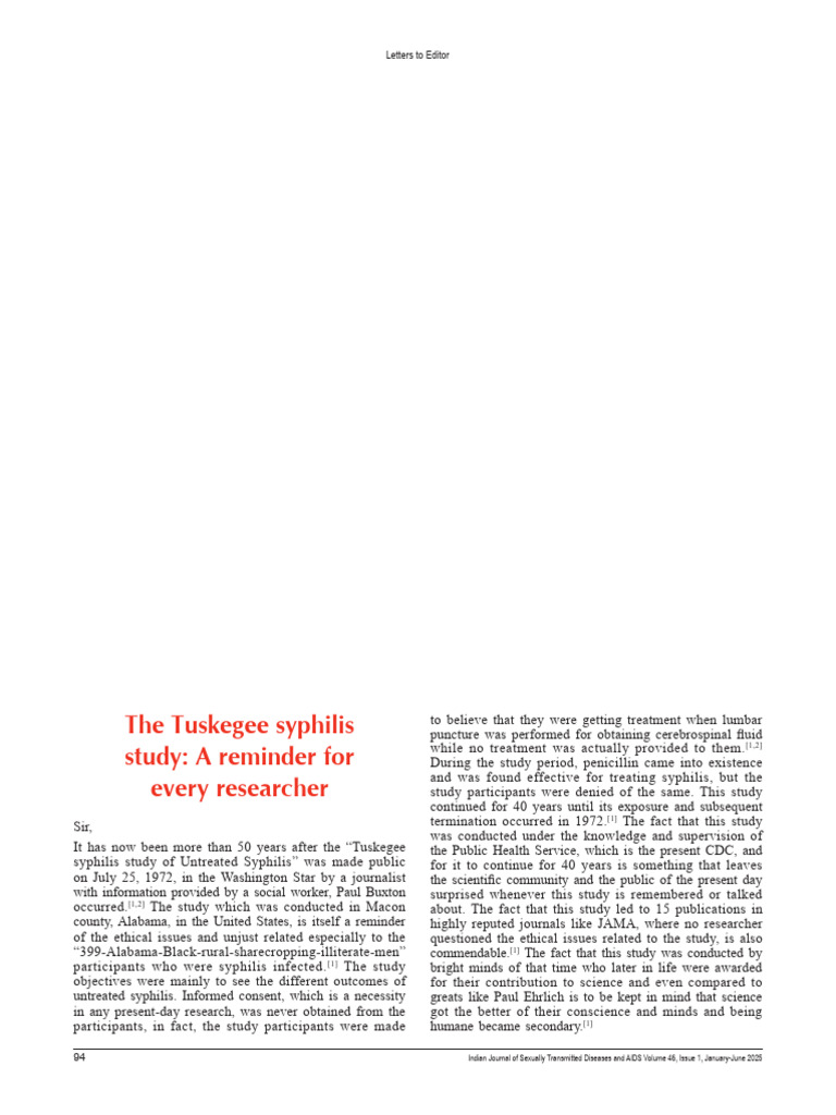 The Tuskegee Syphilis Study A Reminder For Every.28 | PDF | Medicine ...
