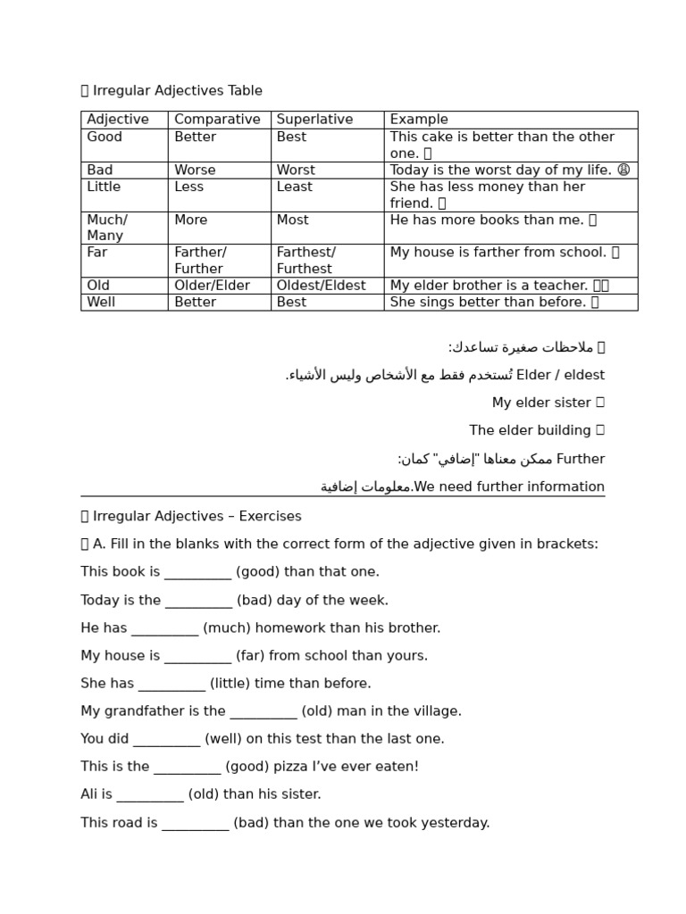 Irregular Adjectives Guide & Exercises | PDF
