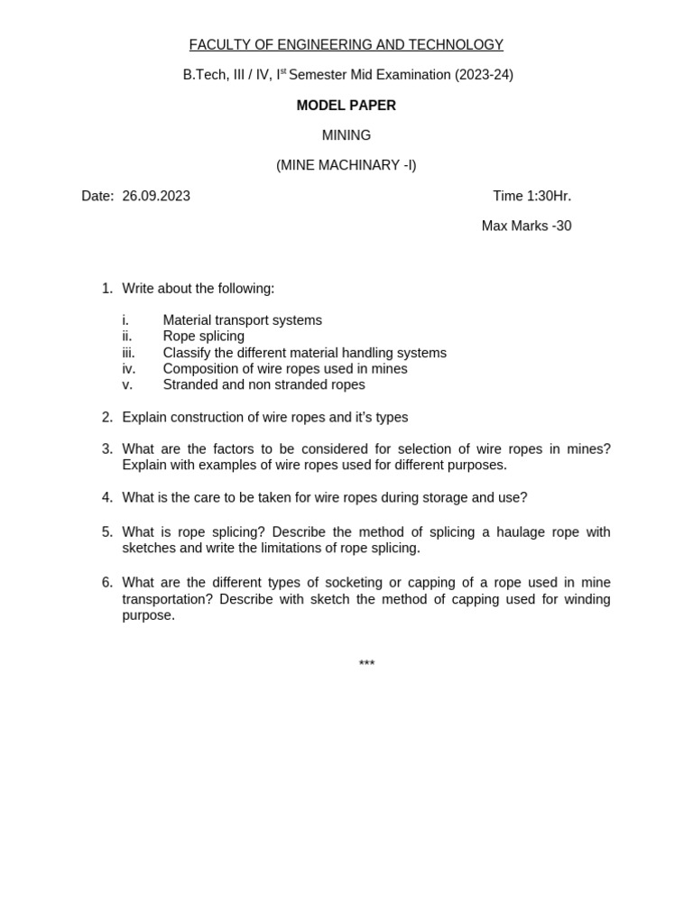 Mining Machinery I Mid Exam Model Paper | PDF